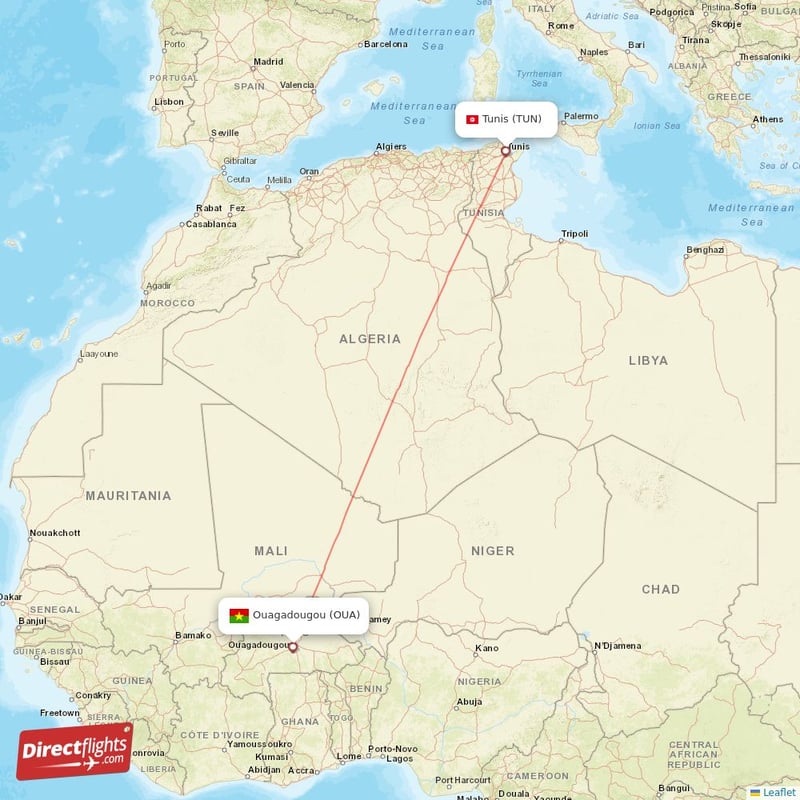 Direct flights from Tunis to Ouagadougou, TUN to OUA non-stop - Directflights.com