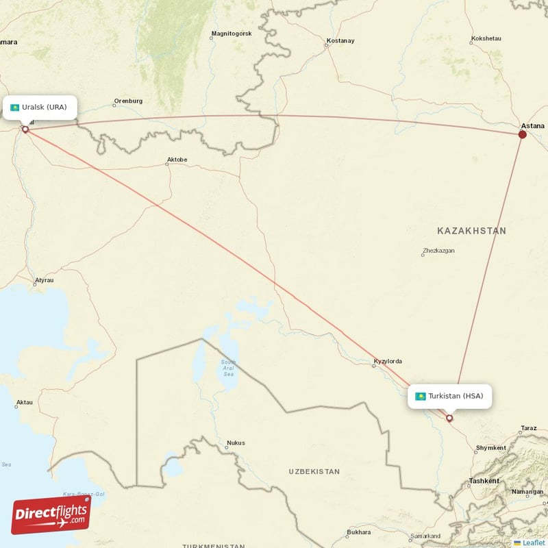 Direct flights from Uralsk to Turkistan, URA to HSA non-stop - Directflights.com