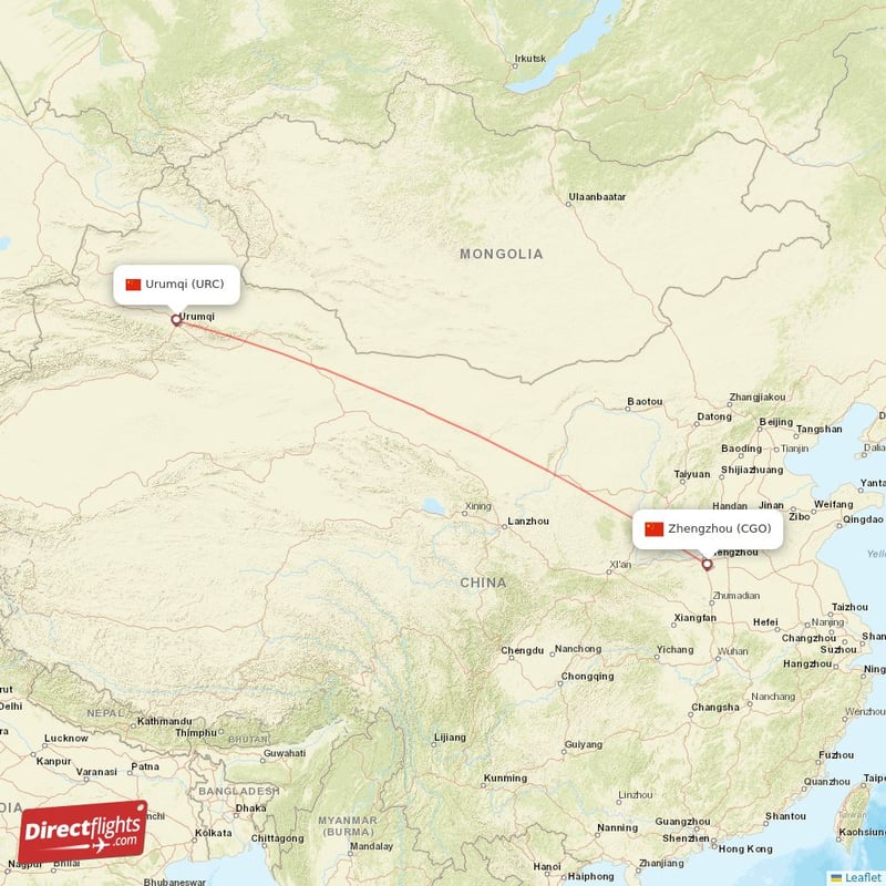 Direct flights from Urumqi to Zhengzhou, URC to CGO non-stop - Directflights.com