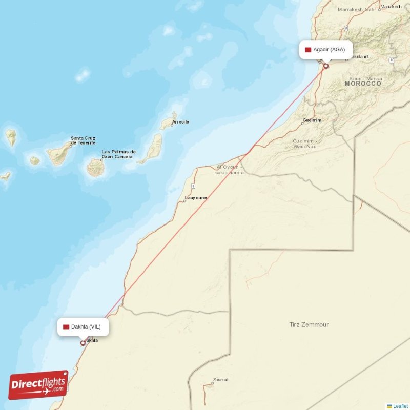 Direct flights from Dakhla to Agadir (VIL-AGA) - Directflights.com