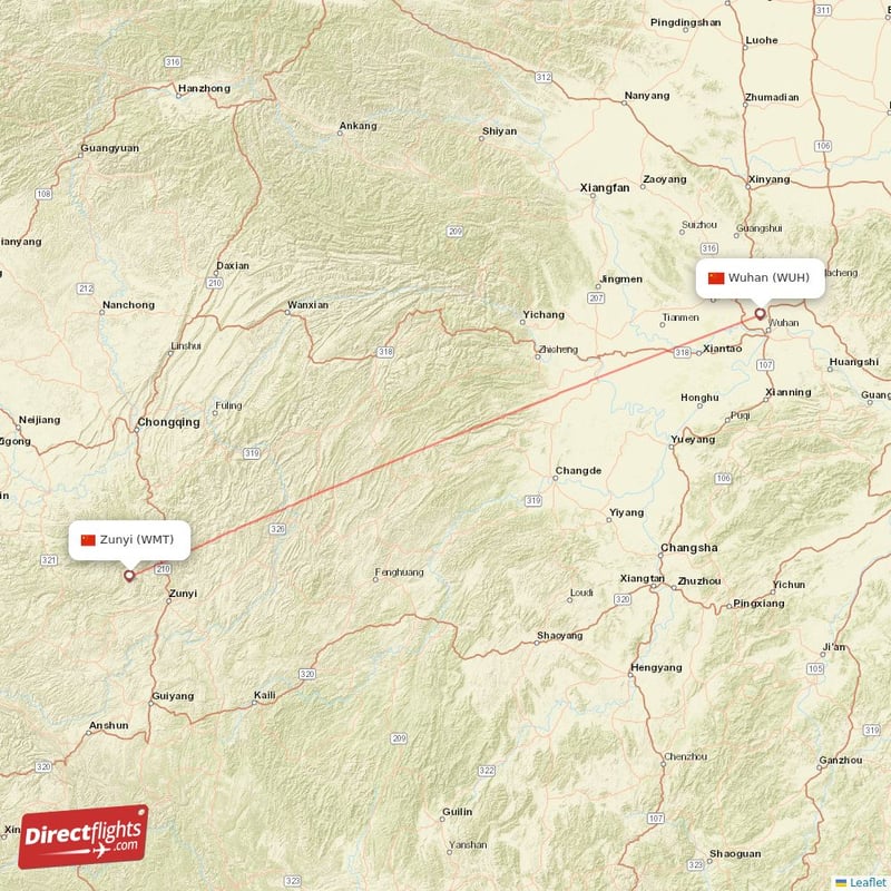 Direct flights from Zunyi to Wuhan, WMT to WUH non-stop - Directflights.com