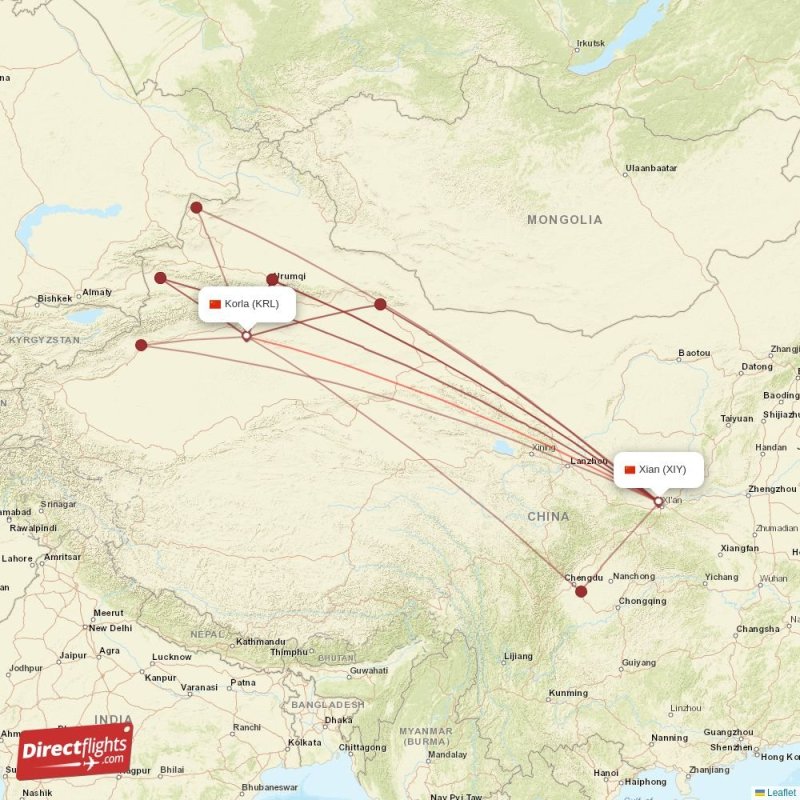 Direct flights from Xian to Korla, XIY to KRL non-stop - Directflights.com