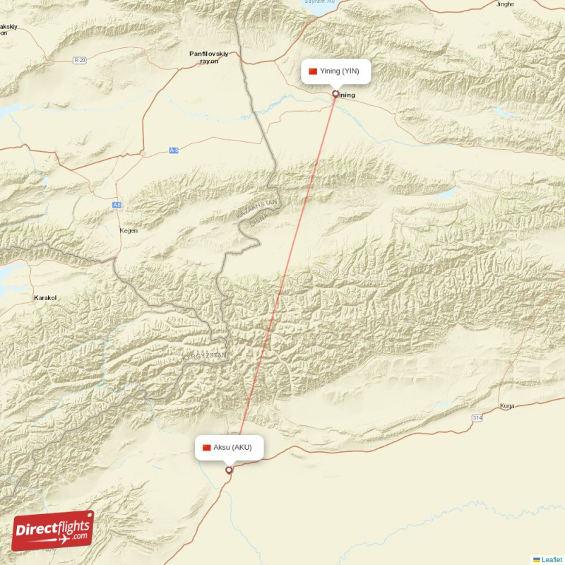 Direct flights from Yining to Aksu, YIN to AKU non-stop - Directflights.com