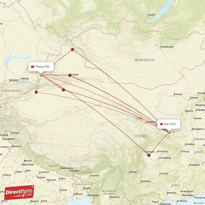 Direct flights from Yining to Xian, YIN to XIY non-stop - Directflights.com