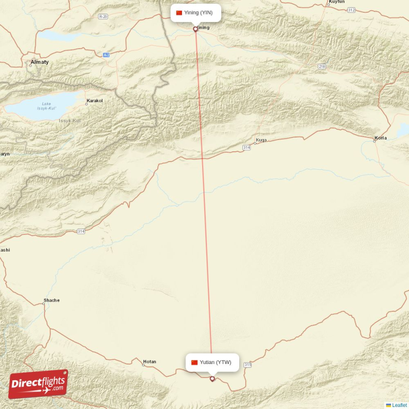 Direct flights from Yining to Yutian (YIN-YTW) - Directflights.com