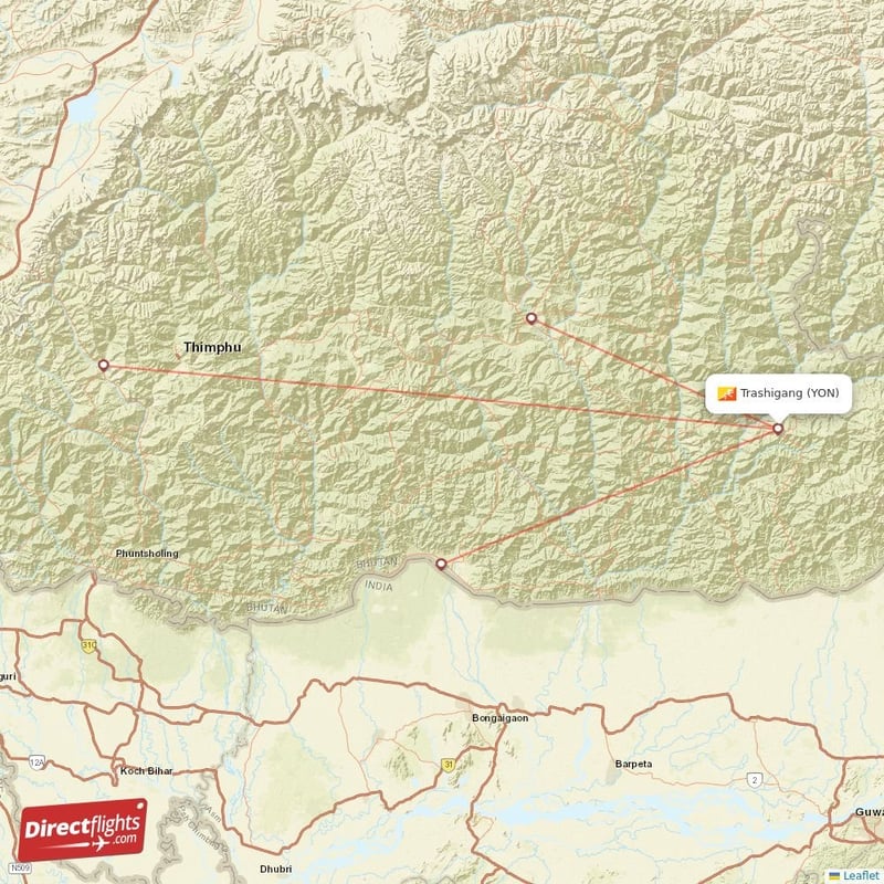 Direct flights from Trashigang - 3 destinations - YON, Bhutan ...
