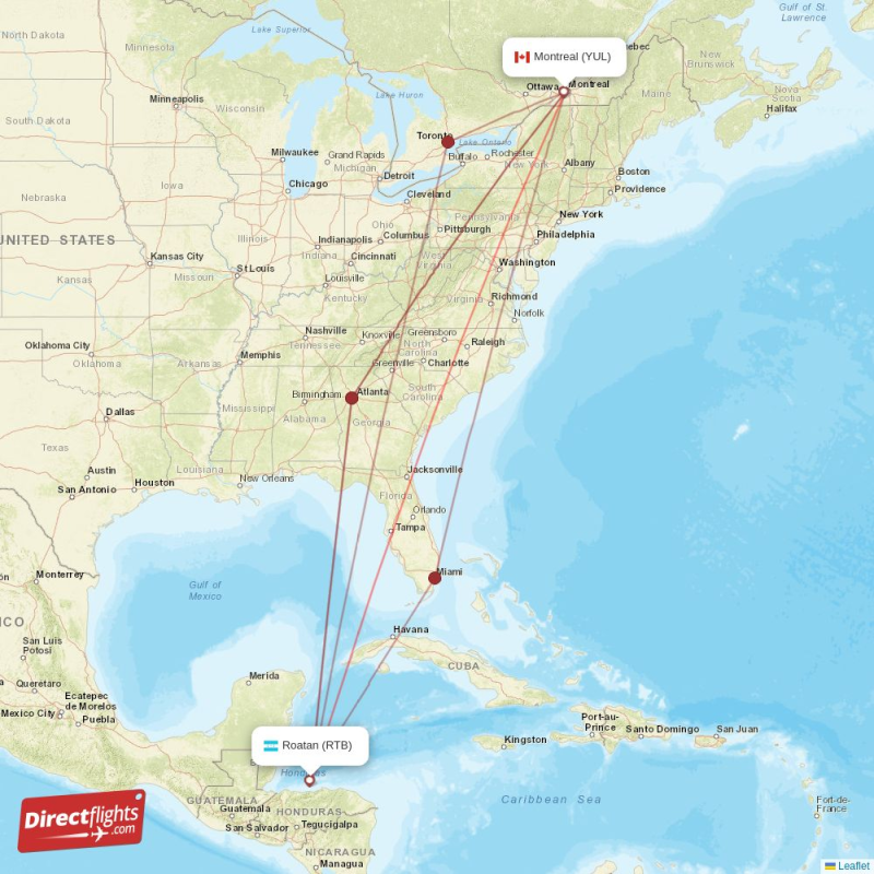 Direct flights from Montreal to Roatan (YUL-RTB) - Directflights.com