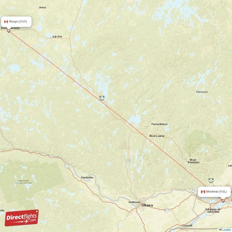 Direct flights from Rouyn to Montreal (YUY-YUL) - Directflights.com