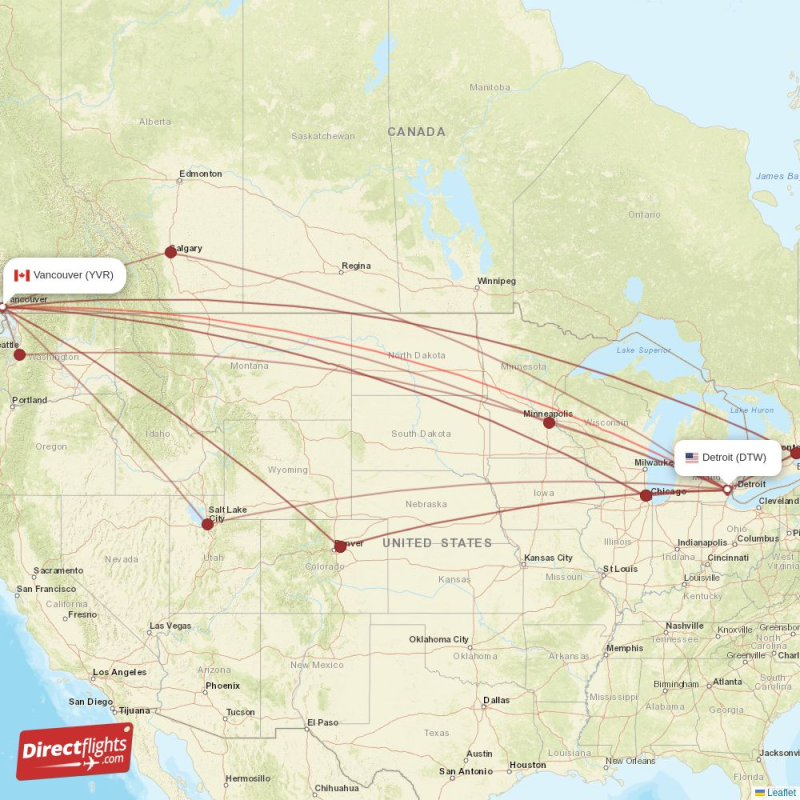 Direct flights from Vancouver to Detroit (YVR-DTW) - Directflights.com