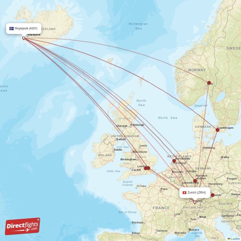 Direct flights from Zurich to Reykjavik (ZRH-KEF) - Directflights.com