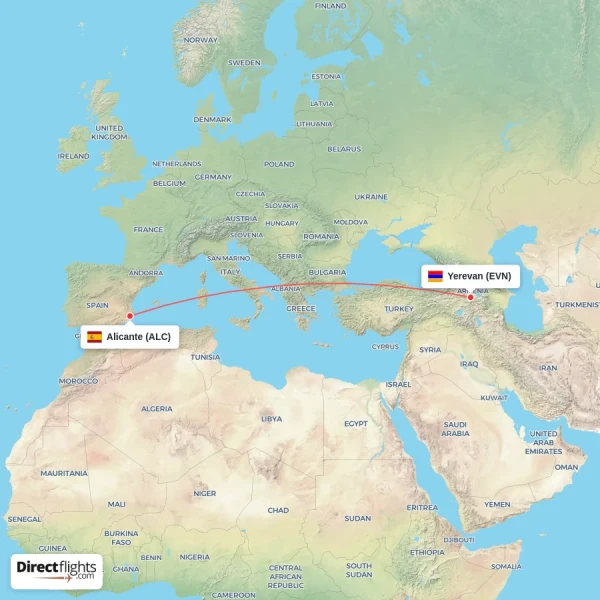 Direct flights from Yerevan to Alicante (EVN-ALC) - Directflights.com